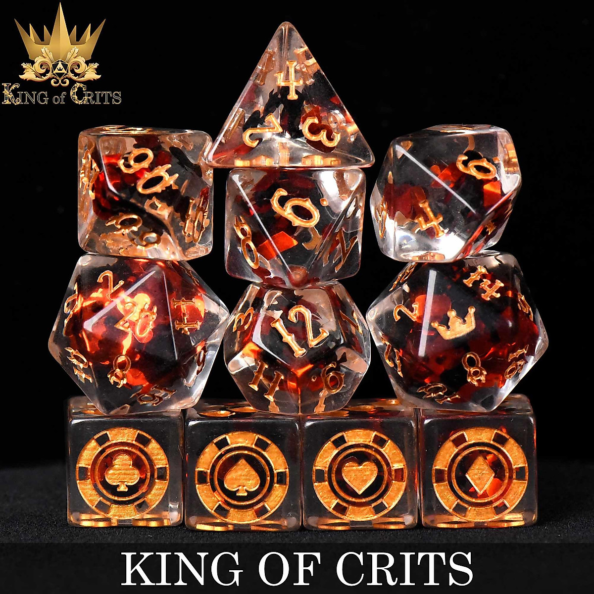 King of Crits Poker 11 Dice Set with Real Poker Chip | Vegas Themed Gambler Polyhedral Dice Set | DND MTG Board Game Dice