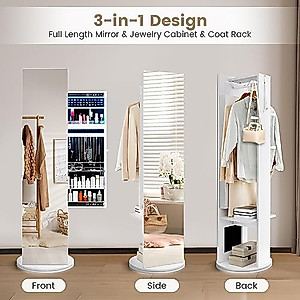 CHARMAID 65.5" H Jewelry Armoire with Full Length Mirror and Clothes Rack, Slide-Out Jewelry Cabinet with 3-Color LED lights, Rear Shelves, Hanging Rods, 360° Swivel Jewelry Organizer Storage (White)