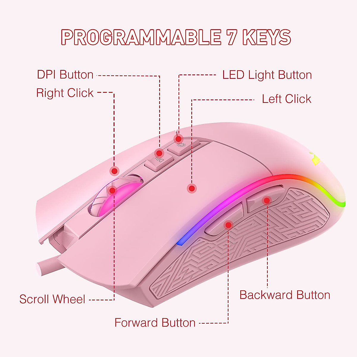 havit RGB Gaming Mouse Wired Programmable Ergonomic USB Mice 4800 Dots Per Inch 7 Buttons & 7 Color Backlit for Laptop PC Gamer Computer Desktop (Pink)
