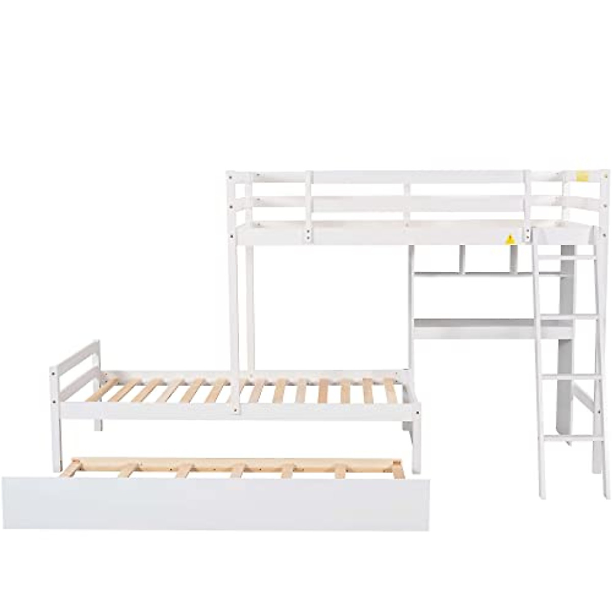 MOEO Twin Over Twin Bunk Bed with Trundle and Ladder for Kids, Adults, Wooden Bunkbed Frame w/Convertible Built-in Desk & Down Bed, Save Space, No Box Spring Required, White