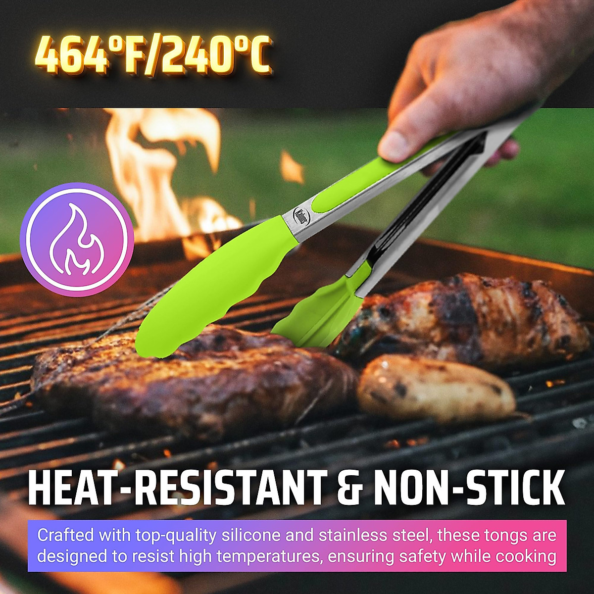 Kaluns Kitchen Tongs for Cooking Grilling Set of 4, BBQ Grill Tongs With Silicone Tip Stainless Steel Heat Resistant, Non-stick Pull Lock, Incl 7, 9, 12 Inch Tong Plus a Silicone Spatula