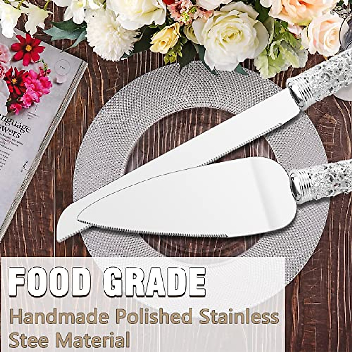 Jozen Gift Wedding Silver Cake Knife and Server Set - 2 Pcs Dessert Set Metal Handle with Crystal Stones Decoration for Wedding, Anniversary Party Birthday Banquets,Gifts for Bride and Groom