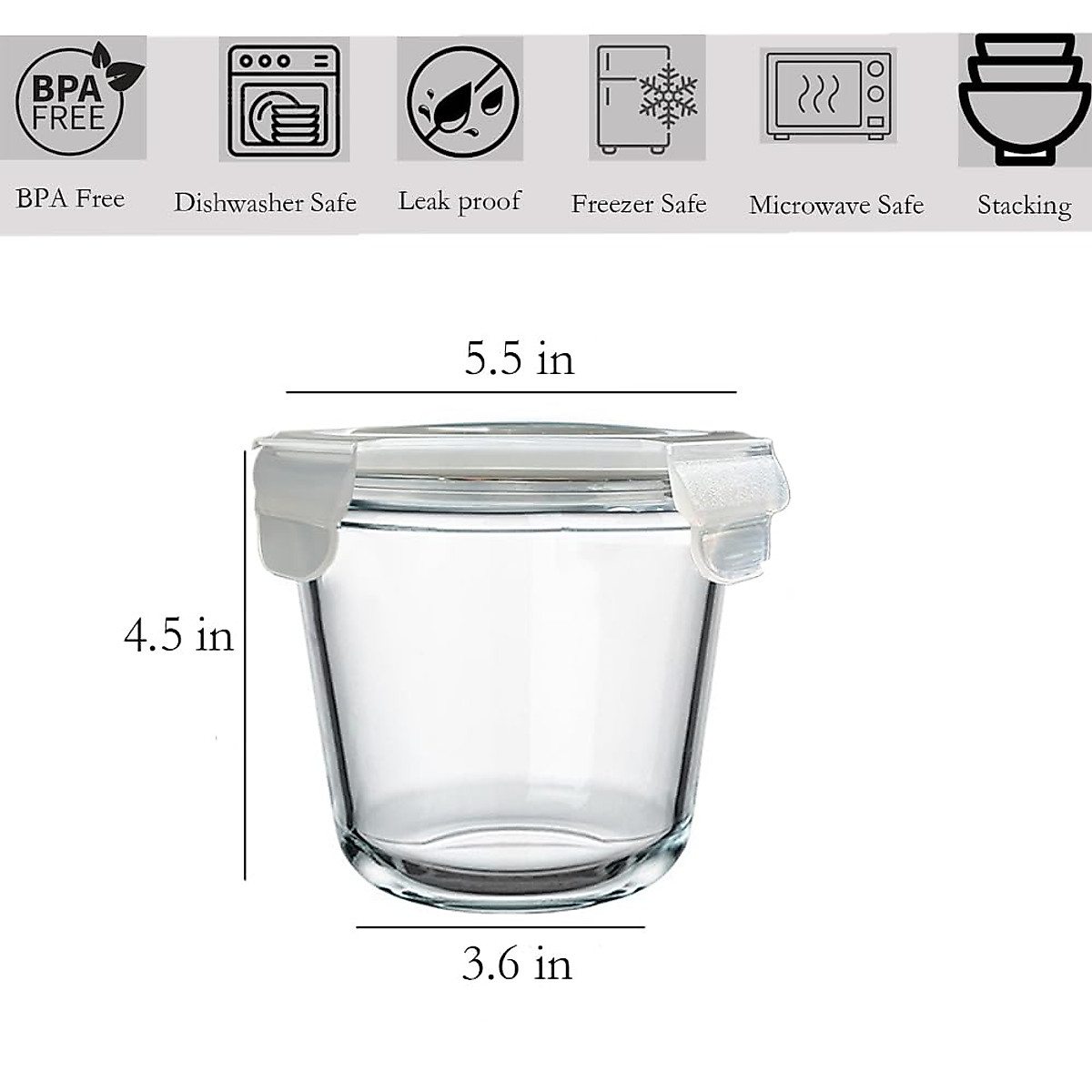 H.JSS WDJS 24 Oz Glass Food Storage Container Set, 3 Cup Large Soup Container with Airtight Lids, Round Glass Meal Prep Containers, Leakproof Soup Storage Container, Microwave & Freezer Safe (4 Pack)