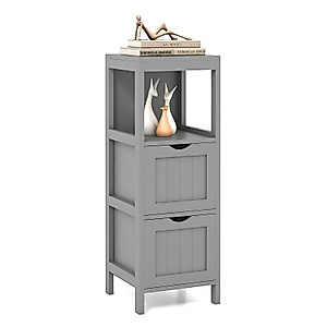 Tangkula Small Bathroom Storage Cabinet with 2 Removable Drawers, Wood Freestanding Floor Cabinet for Bathroom, Anti-Tipping Device, Side Corner Small Cabinet for Small Spaces (Grey)