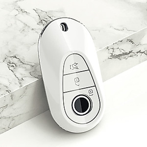 SANRILY Sliver-Edge Smart Key Fob Cover for Mercedes Benz C Class A E S AMG Class CLA CLS GLK Accessories Keyless Key Case with Bling Leather Keychain Beige