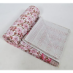 Maviss Homes Beautiful Indian Traditional Patchwork Super Soft Cotton Double Kantha Quilt | Throw Blanket Bedspreads | Cozy Blanket Quilt | Easy Machine Washable and Dryable; Red