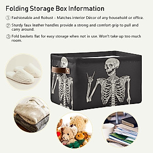 AUUXVA Human Skeleton Skull Storage Bins Basket, Day of The Dead Halloween Collapsible Storage Cube Rectangle Storage Box with Handles for Shelf Closet Nursery Bedroom Home Office 1 Pack
