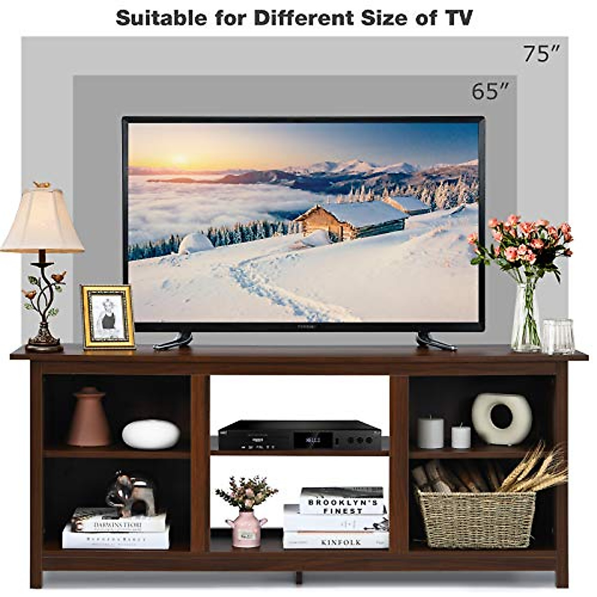 Tangkula Farmhouse Universal TV Stand for TV's up to 65" Flat Screen, Home Living Room Entertainment Center w/4 Open Shelves, TV Console Table for 18 Inch Electric Fireplace (Not Included), Coffee
