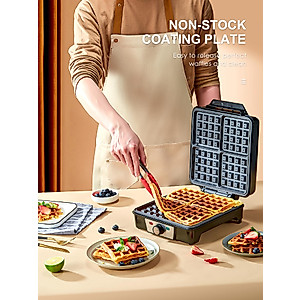 Belgian Waffle Maker 4 Slices, 1200W Waffle Iron, Anti-Overflow Waffle Iron with Browning Knob, Nonstick Plates, Indicator Lights, Silver/Black