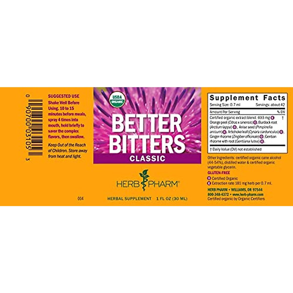 Herb Pharm Better Bitters Certified Organic Digestive Bitters, Classic, 1 Ounce