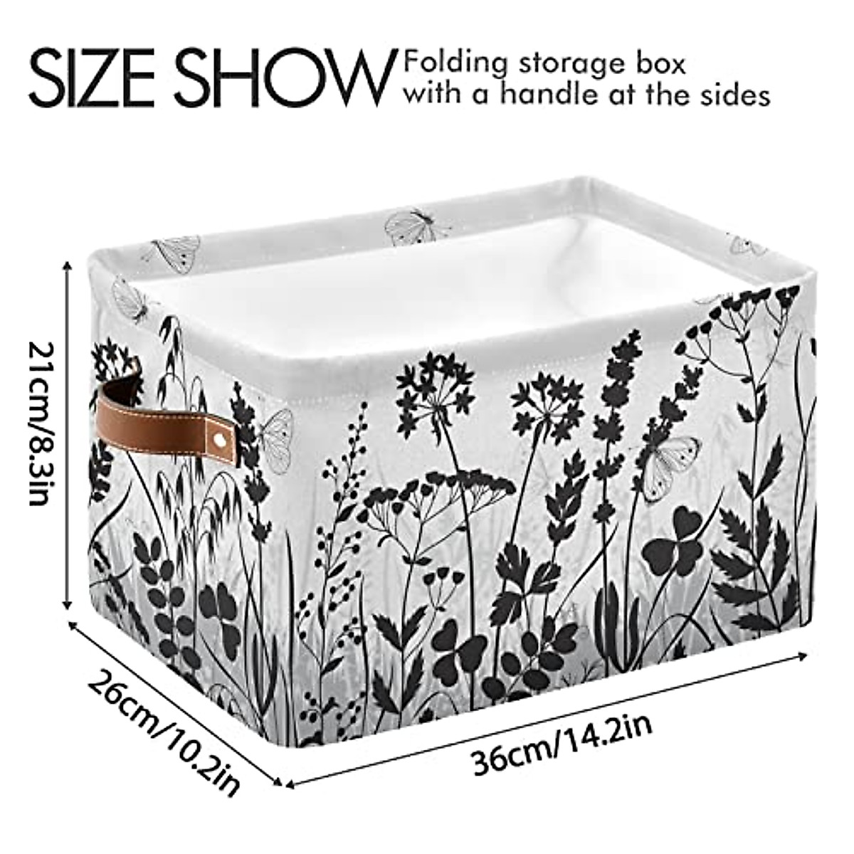 susiyo Black White Wildflowers Floral Storage Bins, 14 x 10 inch Canvas Storage Basket for Shelves Closet Organizing - 1 Piece