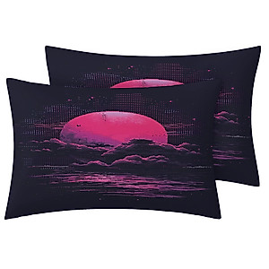 zcwl Vaporwave Duvet Cover Twin Size | Neon Moon Bedding Set | 2 Piece | Soft Microfiber Patterned Comforter Cover with Zipper Ties & 1 Pillowcase | Vaporwave Bedroom Decor