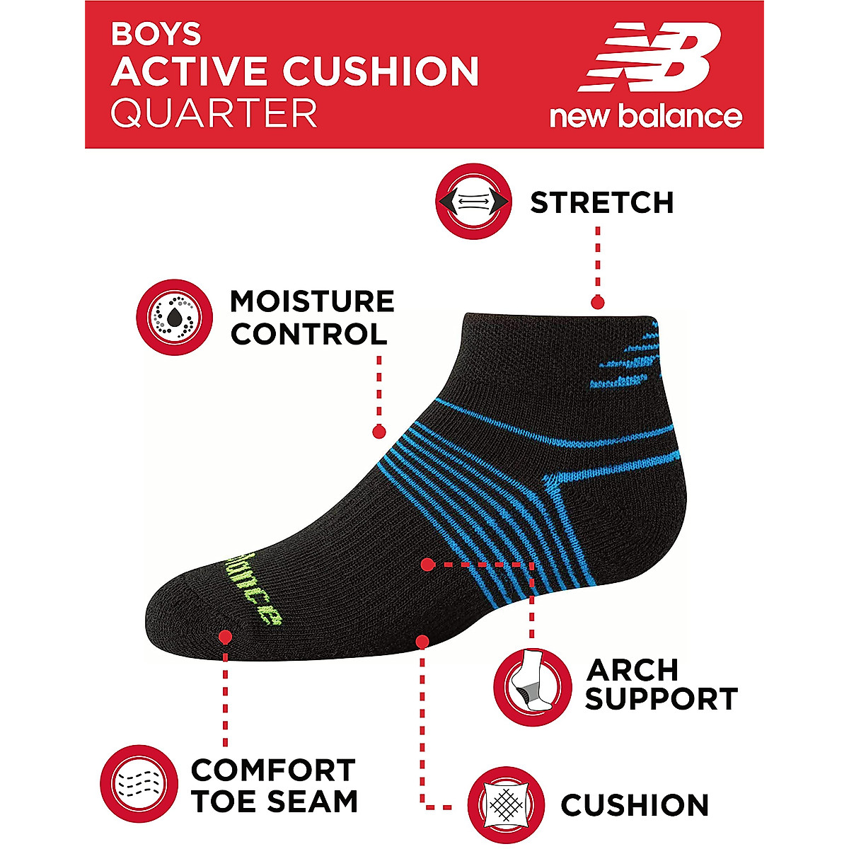 New Balance Boys' Socks - Performance Cushioned Quarter Socks (8 Pack), Size Large, Black