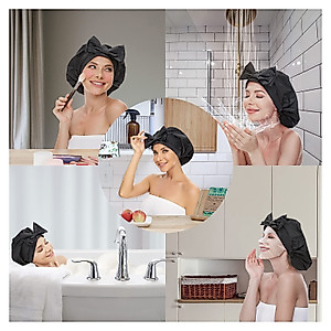 Aibilye Womens Black Shower Cap for Long Hair Extra Large Washable Reusable Waterproof Bathing Hair Cap Adjustable Elastic Band for All Hair Lengths