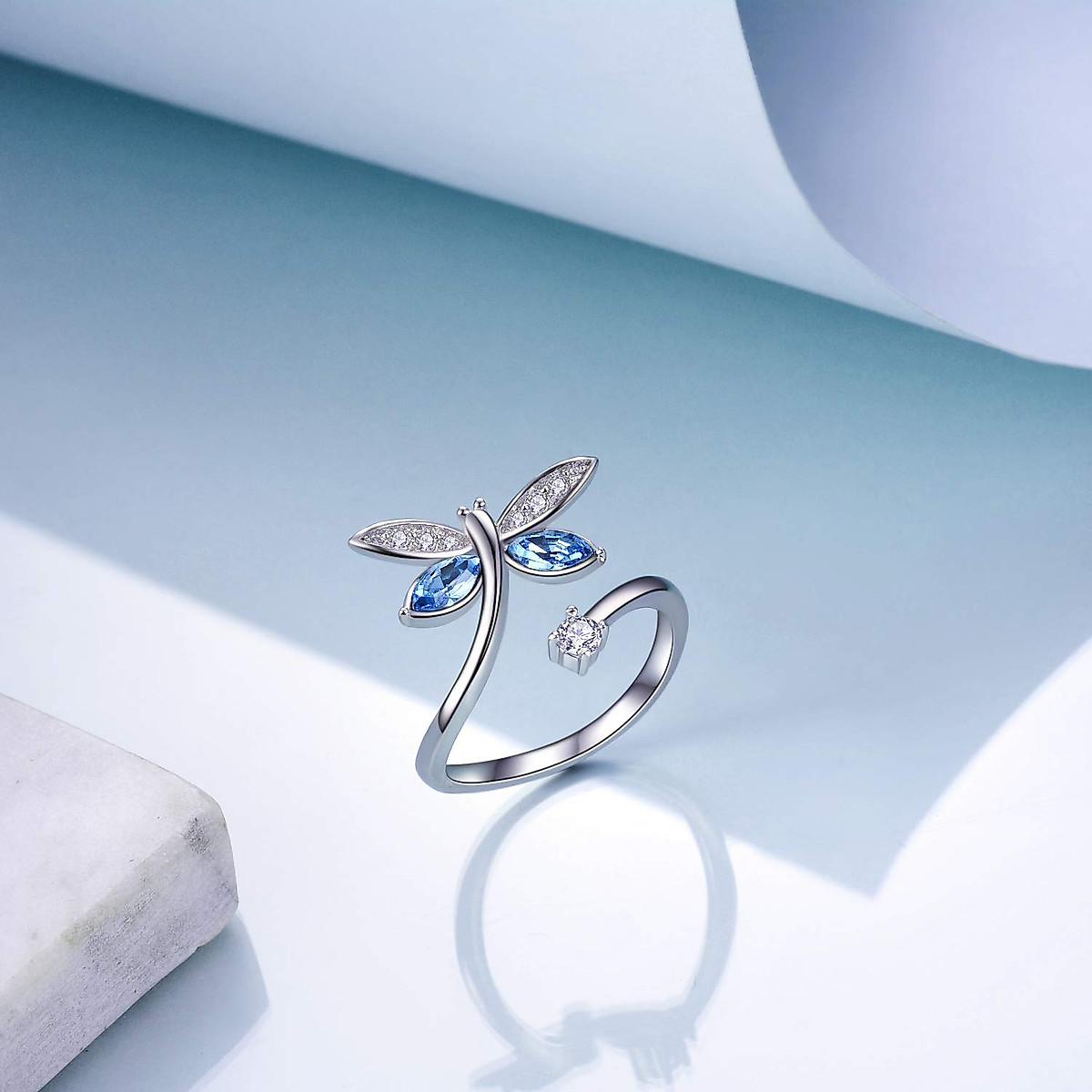 AOBOCO Blue Dragonfly 925 Sterling Silver Rings for Women Austrian Element Adjustable Open Wrap Rings Light Sapphire Jewelry Gift for Mom Grandma