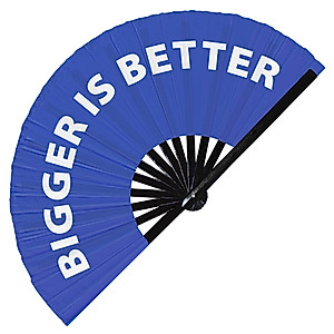 Bigger Is Better hand fan foldable bamboo circuit hand fan funny gag slang words expressions statement gifts Festival accessories Rave handheld Circuit event fan Clack fans (Blue)