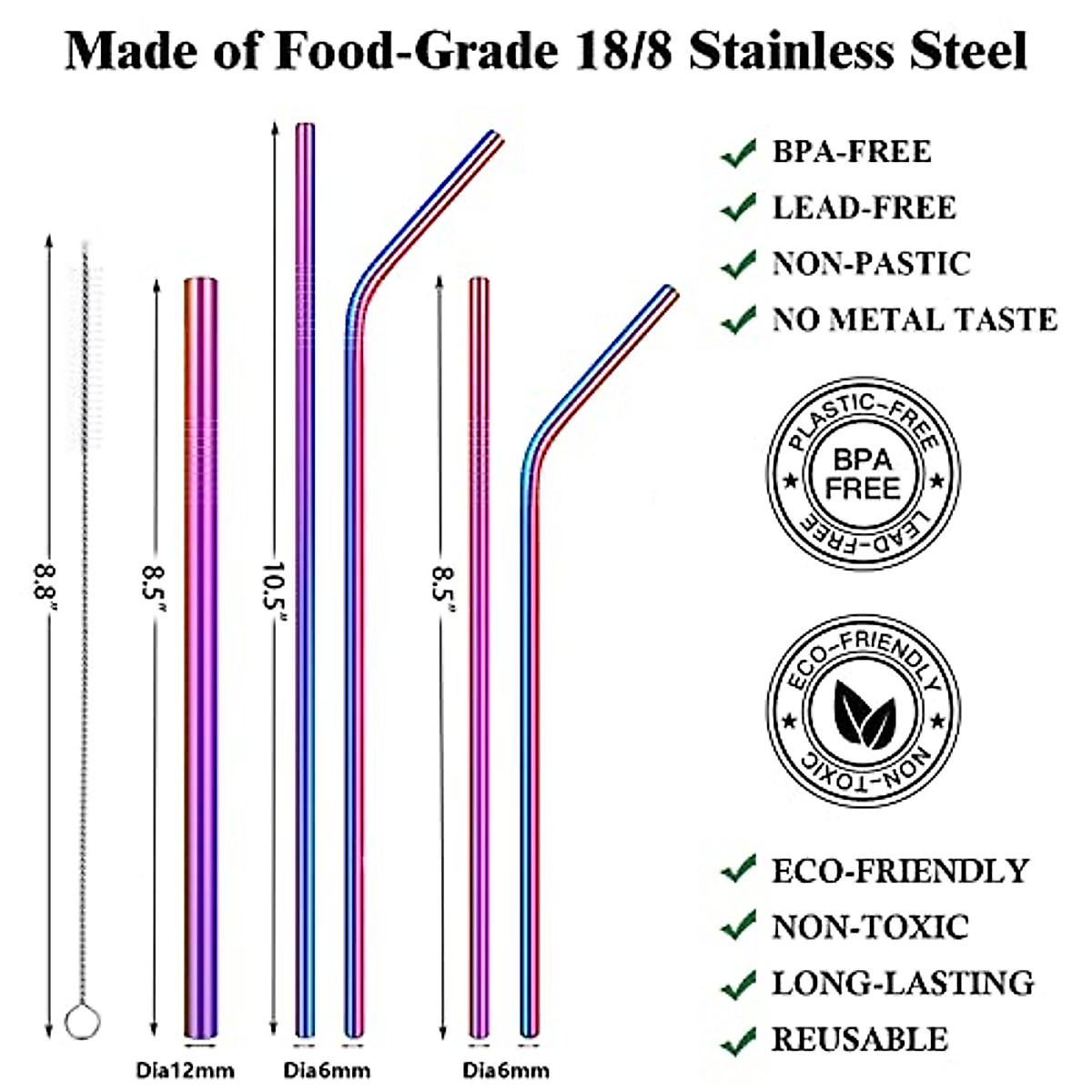 POLIGO 16pcs Reusable Stainless Steel Straws, Colorful Rainbow Drinking Straws, Iridescent Metal Straws with Portable Case and Cleaning Brushes for 20, 30 Oz Yeti Tumbler, Smoothies and Bubble Tea