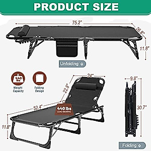 Camping Cot, Adjustable 4-Position Adults Reclining folding Chaise with Pillow, Outdoor portable Lounge Chair Sleeping Cots Bed, Perfect for Camping, Pool, Beach, Patio