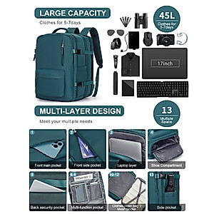 Large Travel Laptop Backpack, Expandable Flight Approved Backpack, Carry on Backpack for Women, Waterproof 17inch Laptop Hiking Backpack with Shoe Compartment, Peacock Blue