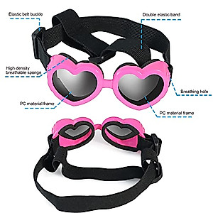 IKUSO Dog Sunglasses Small Breed,UV Protection Dog Sunglasses with Adjustable Strap, Heart Dog Goggles for Waterproof Windproof Anti-Fog Eye Protection,Beach Accessories for Puppy (Pink)