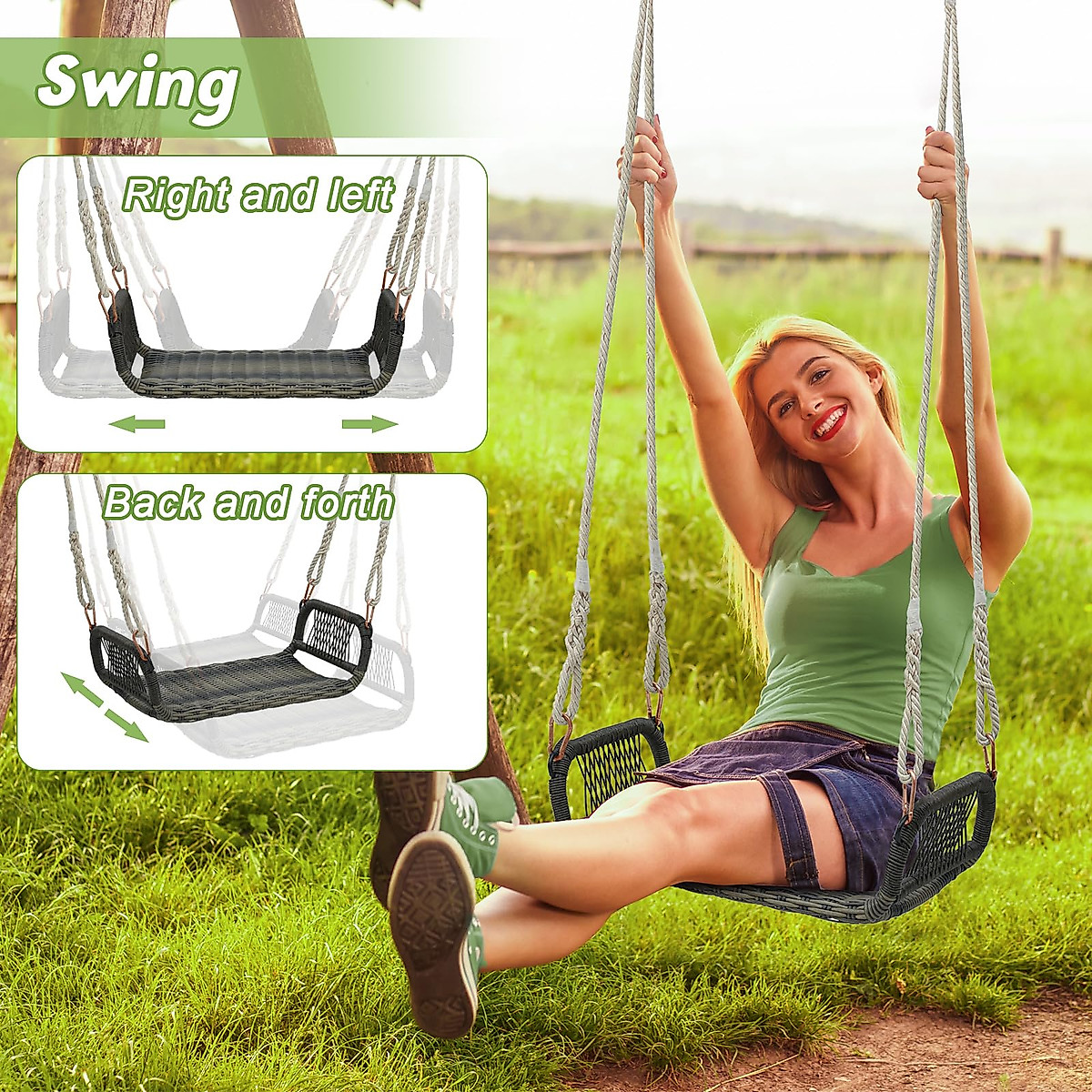 Tangkula 1-Person Rattan Porch Swing, Outdoor Single Swing Chair Bench with Hanging Hemp Ropes for Adults and Kids, Bench Swing for Porch, Yard, Balcony, Tree (Mix Brown)