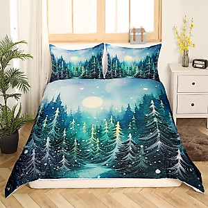 Pine Trees Christmas Duvet Cover Set Queen Size, Moonight Starry Sky Bedding Set,Boys Girls Room Decor,Pines Botanical Leaves Natural Comforter Cover,Cyan Rustic Farmhouse Quilt Cover,2 Pillowcases