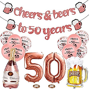 50th Rose Gold Birthday Party Decorations for Women, Cheers to 50 Years Banner, 32Inch Number 50 Rose Gold Foil Balloon and Confetti 50th Latex Balloons Cheers Foil Balloons for Her Women Anniversary