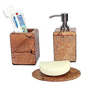 KLEO - Bathroom Accessory Set Made from Natural Brown/Sand Stone - Bath Accessories Set of 3 Includes Soap Dispenser, Utility and Soap Dish