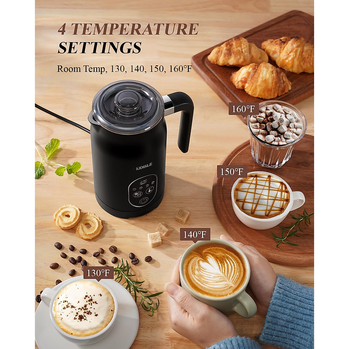 KIDISLE Electric Milk Frother, 4 In 1 Milk Frother and Steamer With Temperature Control, Automatic Warm and Cold Foam Maker for Coffee, Latte, Hot Chocolate, Cappuccinos, Macchiato, Black