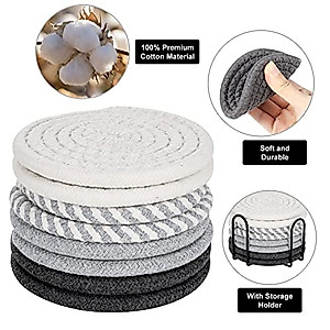XINRUI Coasters for Drinks, Absorbent Drink Coasters 8 Pcs Cotton Handmade Braided Drink Coasters with Holder 4.3inch Minimalist Boho Round Woven Coasters for Farmhouse Table Protection