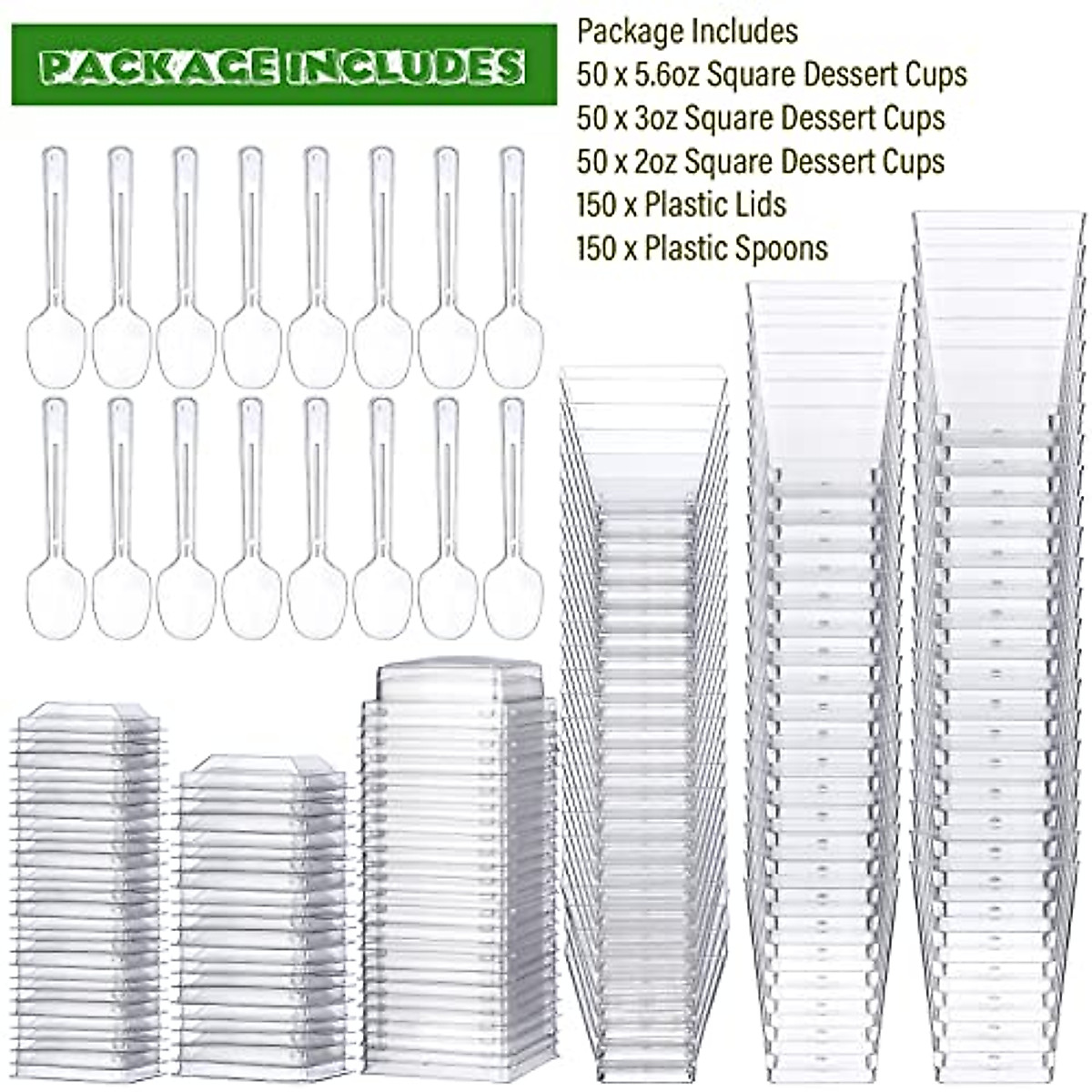 150 Pack 5.6, 3, 2 oz Mini Square Dessert Cups with Lids and Spoons Clear Plastic Parfait Cups Disposable Appetizer Cups Small Dessert Shooter Cups for Serving Party Pudding Fruit and Ice Cream