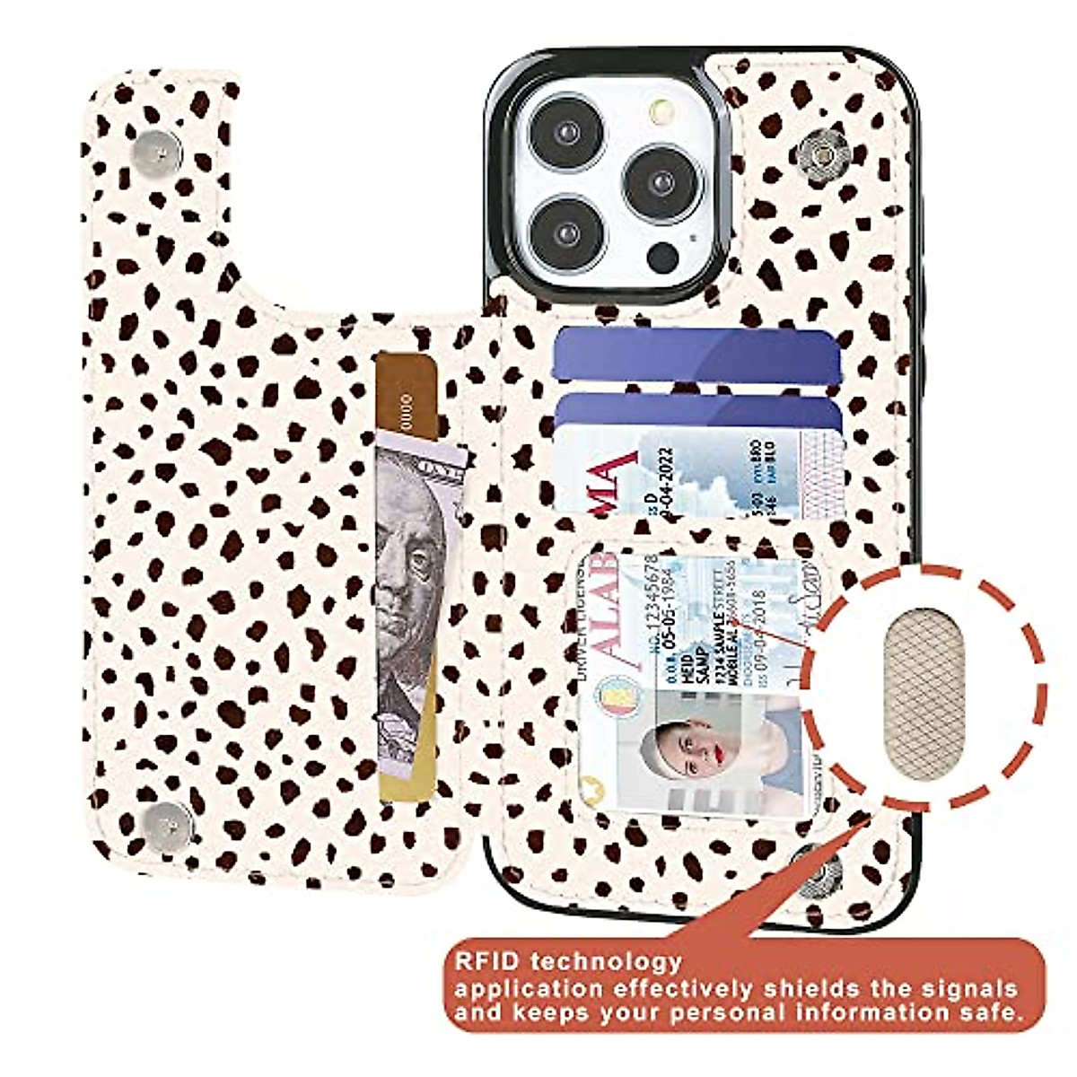 uCOLOR Compatible with iPhone 14 Pro Max 6.7" Wallet Case with Card Holder Folio Flip PU Leather Kickstand Card Slots Double Magnetic Clasp and RFID Blocking Cover 6.7 Inch (Almond Latte Polka Dot)