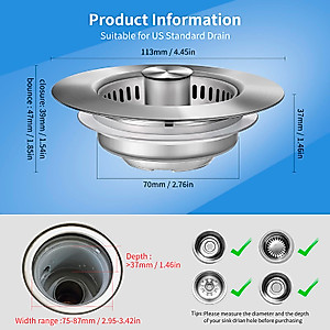 Upgraded 3 in 1 Kitchen Sink Drain Strainer - Stainless Steel Sink Stopper, Anti-Clogging Sink Food Catcher Basket, Fast Drainage Odor Filter Sink Plug for US Standard 3 1/2 inch Drain (Silver-1Pack)