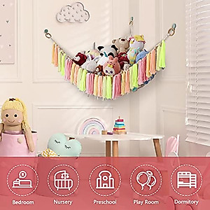 LSEYKRMH Animal Storage Hammock with LED Light, Plush Toy Triangle Hanging Storage Net, Macrame Animal Corner Hanging Net - Hanging Storage Nets Kids Bedroom.