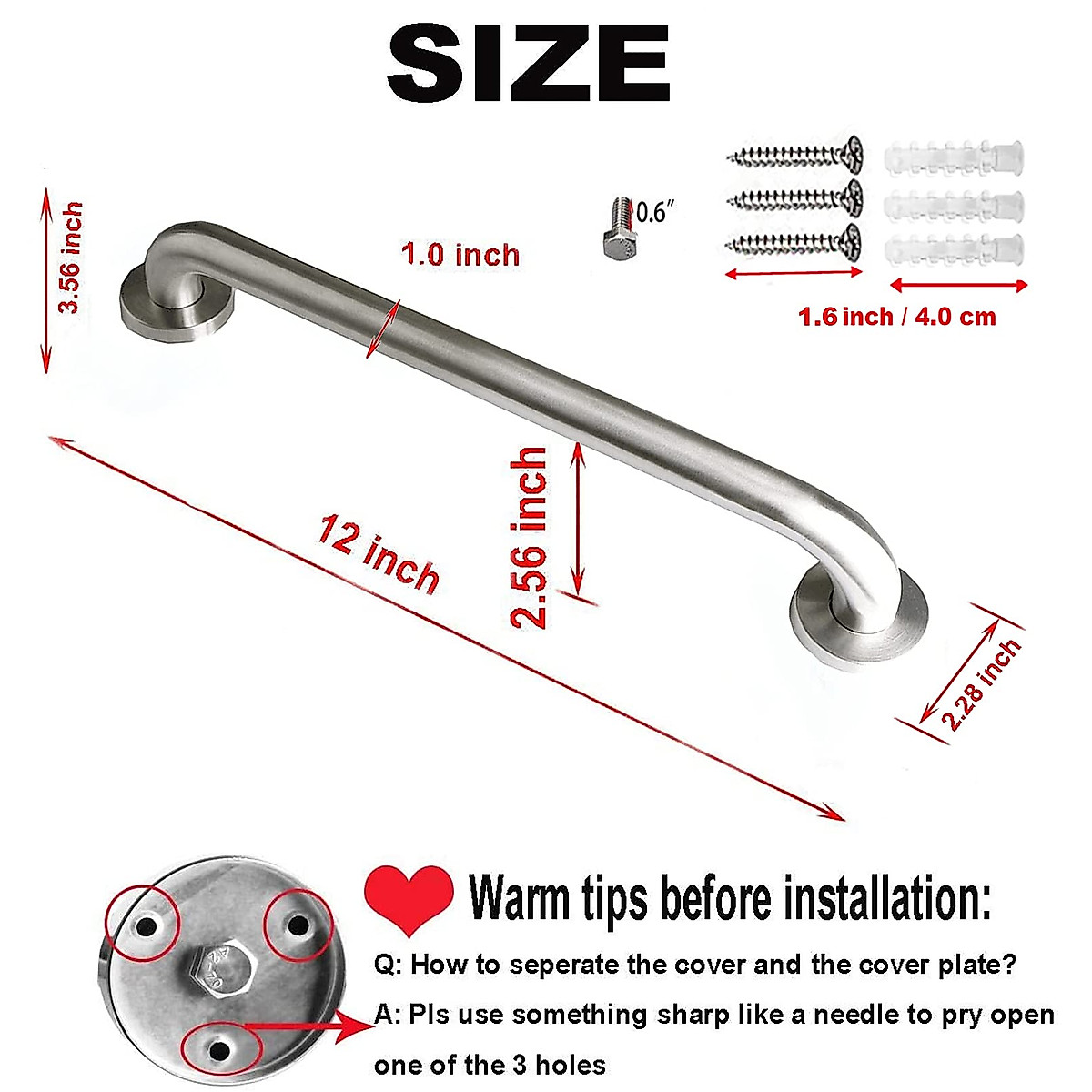 12 Inch Shower Grab Bar Satin Brushed Nickel, ZUEXT Stainless Steel Safety Grab Bar Handle, Bathroom Balance Bar, Safety Hand Rail Support - Handicap, Elderly, Injury, Senior Assist Bath Handle