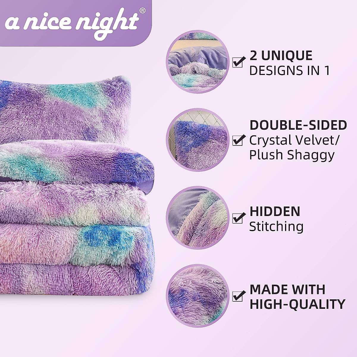 A Nice Night Shaggy Fluffy Faux Fur Duvet Cover Set, Tie Dye Style,Softest, Luxury Ultra Soft Crystal Velvet Bedding Sets, Zipper Closur (Queen, Purple-Blue)