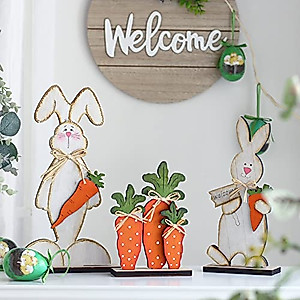 RoseCraft Easter Decorations, 3Pcs Rustic Wooden Bunny/Carrot Table Sign Decor for The Tabletop Centerpiece Rabbit Crafts Gift, for The Home Office Desk Birthday Party Supplies Spring Decorations.