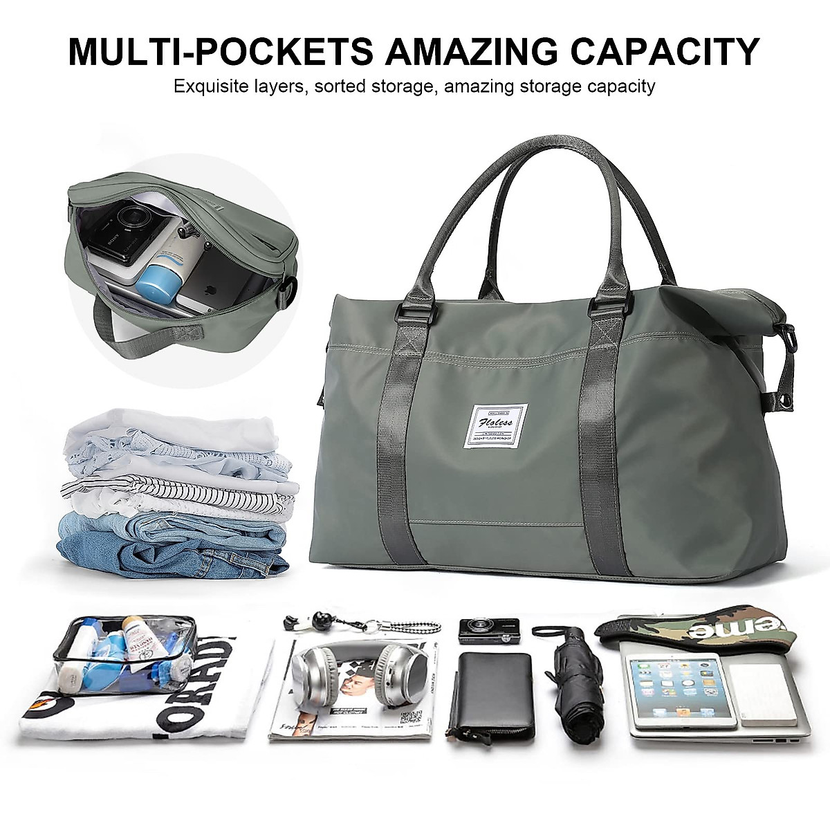 Travel Duffel Bags for Women,Weekender Overnight Bag with Wet Pocket & Toiletry Bag,Carry On Personal Item Bag,Travel Tote Gym Bag,Olive Green,Large