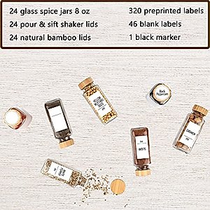 SWOMMOLY 24 Pcs Glass Spice Jars with Labels, 8 oz Spice Jars with Bamboo Lids, Empty Spice Bottles with Shaker Lids, Spice Containers with 366 White Spice Labels, Chalk Marker, Funnel Set