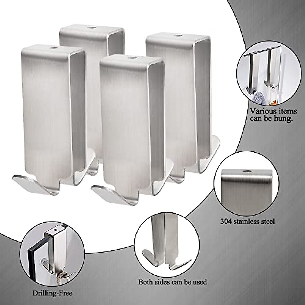 Qiveno Doulbe Hooks for Glass Shower Door, Over Shower Glass Door Hook 304 Stainless Steel Rack Hooks Towel Hooks Over The Bathroom Glass Wall(4 Pack)