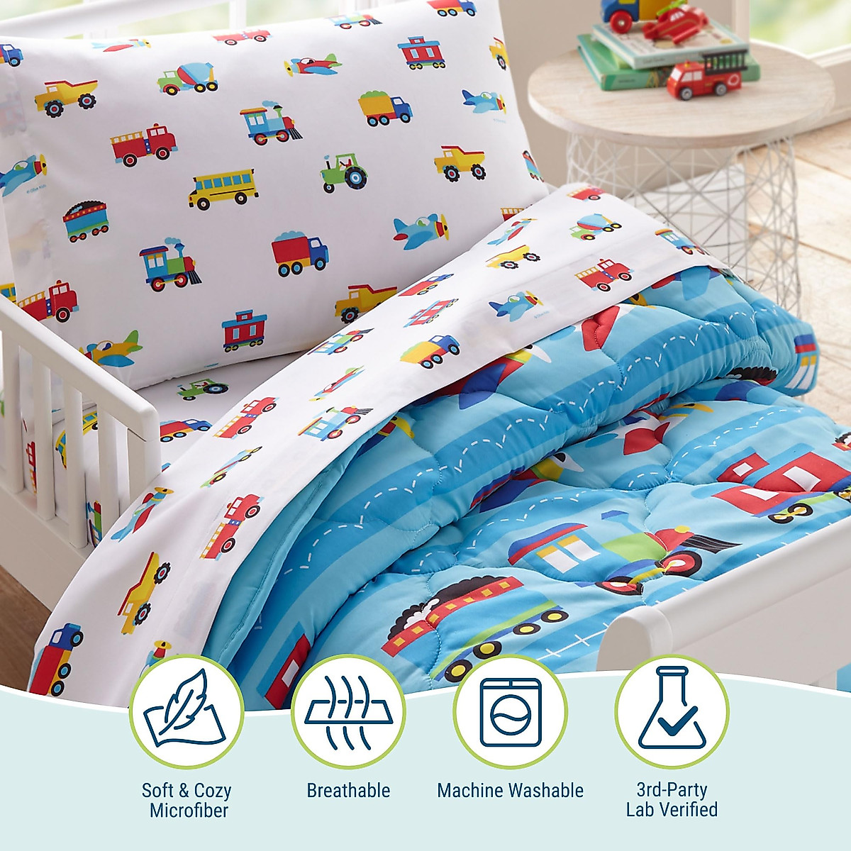 Wildkin Kids 4 Pc Toddler Bed In A Bag for Boys and Girls, Microfiber Bedding Set Includes Comforter, Flat Sheet, Fitted Sheet, and One Pillow Case (Trains, Planes and Trucks)