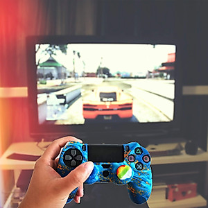 Silicone Skin Cover for Ps4 Controller (1pc Anti-Slip Case, 1 Pair L2 R2 Trigger Extender, 4pcs Thumb Grips,4pcs LED Light Bar Decal) Protector for DualShock PS4/ Slim/Pro Controller (sky blue&yellow)