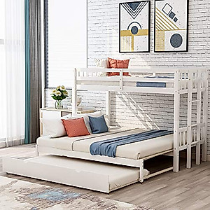 Flieks Twin Over Twin/King Bunk Beds with Trundle, Twin Over Pull-Out bunk Bed Accommodate 4 People for Kids, Adult, No Box Spring Needed
