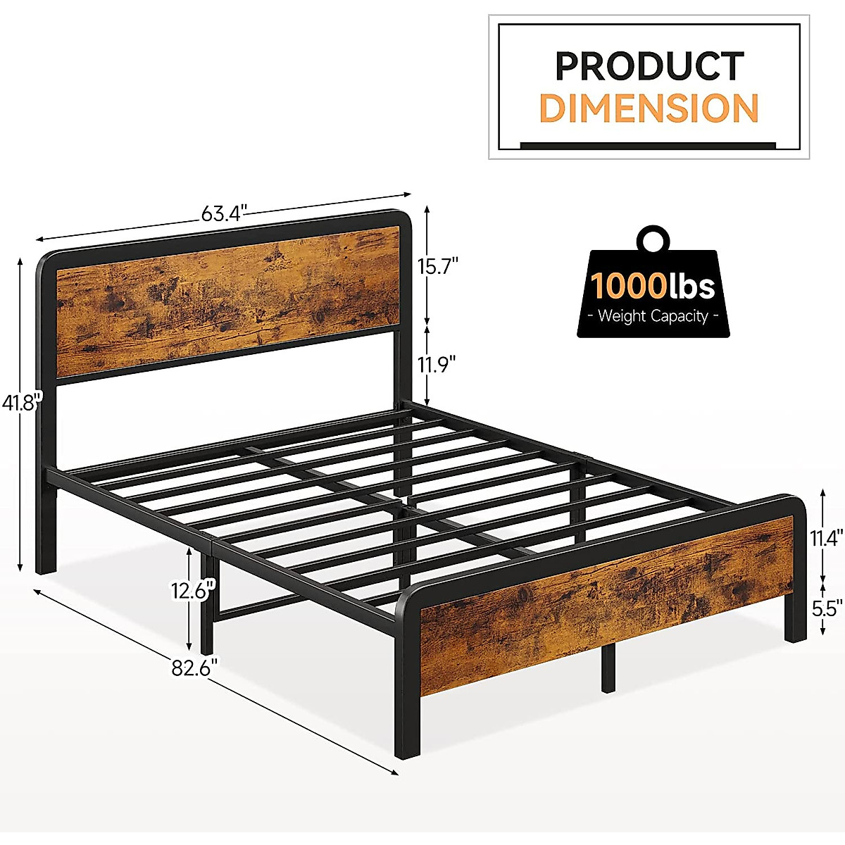IDEALHOUSE Queen Bed Frame with Headboard, Platform Bed Frame with Safe Rounded Corners & Strong Metal Slats Support, Mattress Foundation/Noise-Free/No Box Spring Needed
