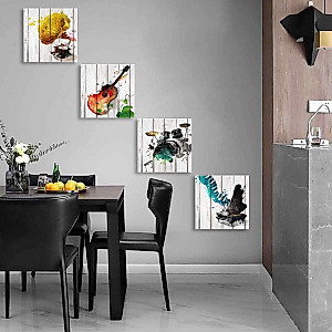 4 Pieces Music Canvas Wall Art Guitar Piano Phonograph and Drum Set Paintings Prints Wooden Style Gift for Music Lover Wall Decor for Music Studio Living Room Bedroom Home decor Framed Ready to Hang