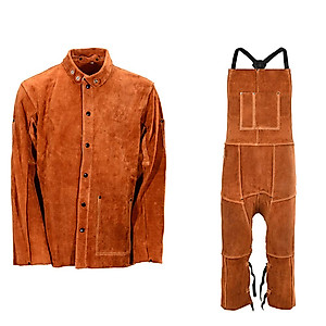 QeeLink Leather Welding Work Jacket with Split Leg Apron Flame-Resistant Heavy Duty Split Cowhide Leather Welder Jackets with Welding Apron for Men & Women, XX-Large