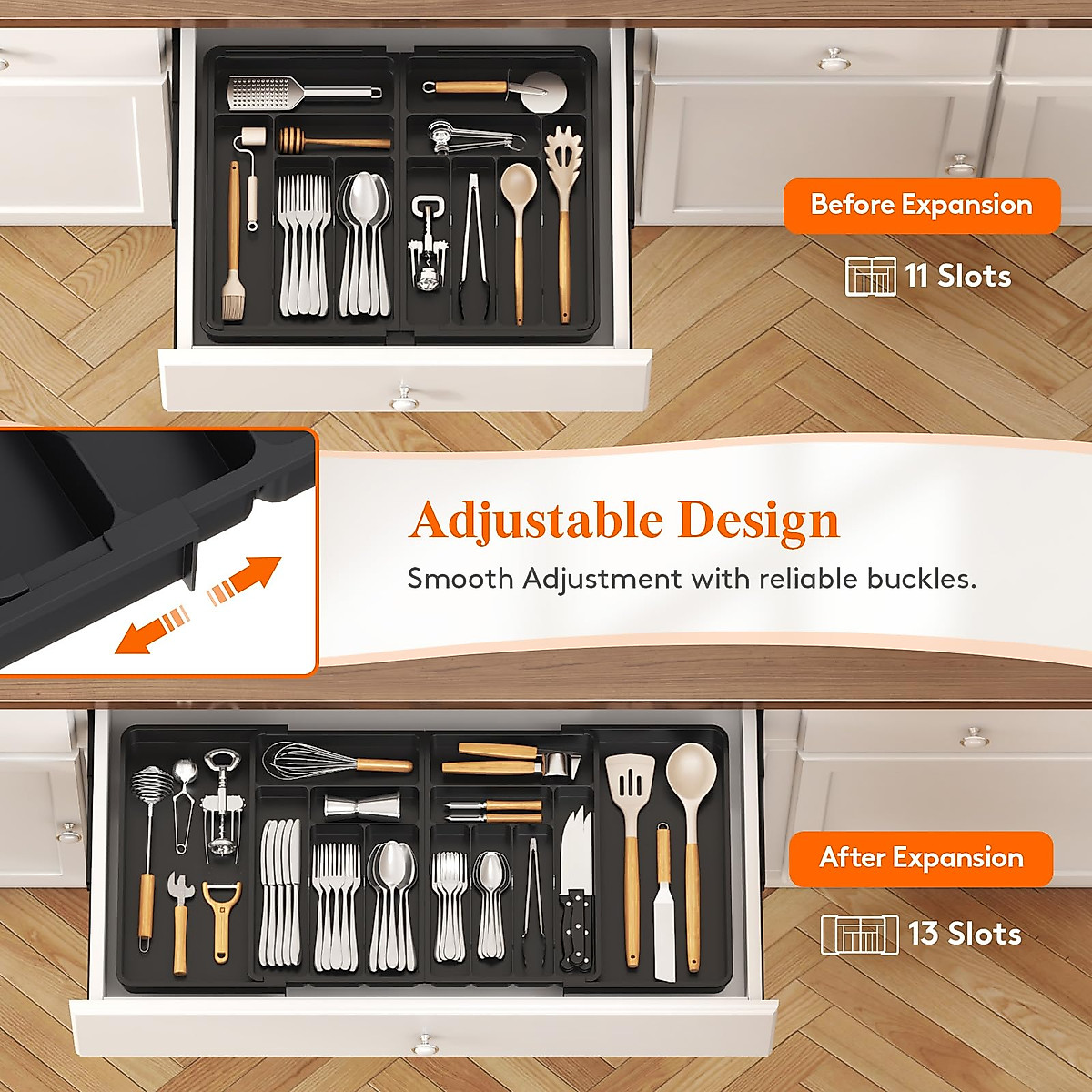 Lifewit Large Silverware Drawer Organizer, Expandable to 36 Inches Wide, BPA Free Plastic Utensil Tray for Kitchen, Adjustable Flatware and Cutlery Holder for Spoons Forks Knives, Black