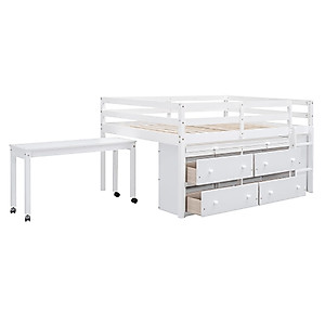 Low Loft Bed with Desk and Storage, Full Size Kids Loft Bed Frame with 4 Drawers and Rolling Portable Desk for Children and Teens, Boys, Girls, White