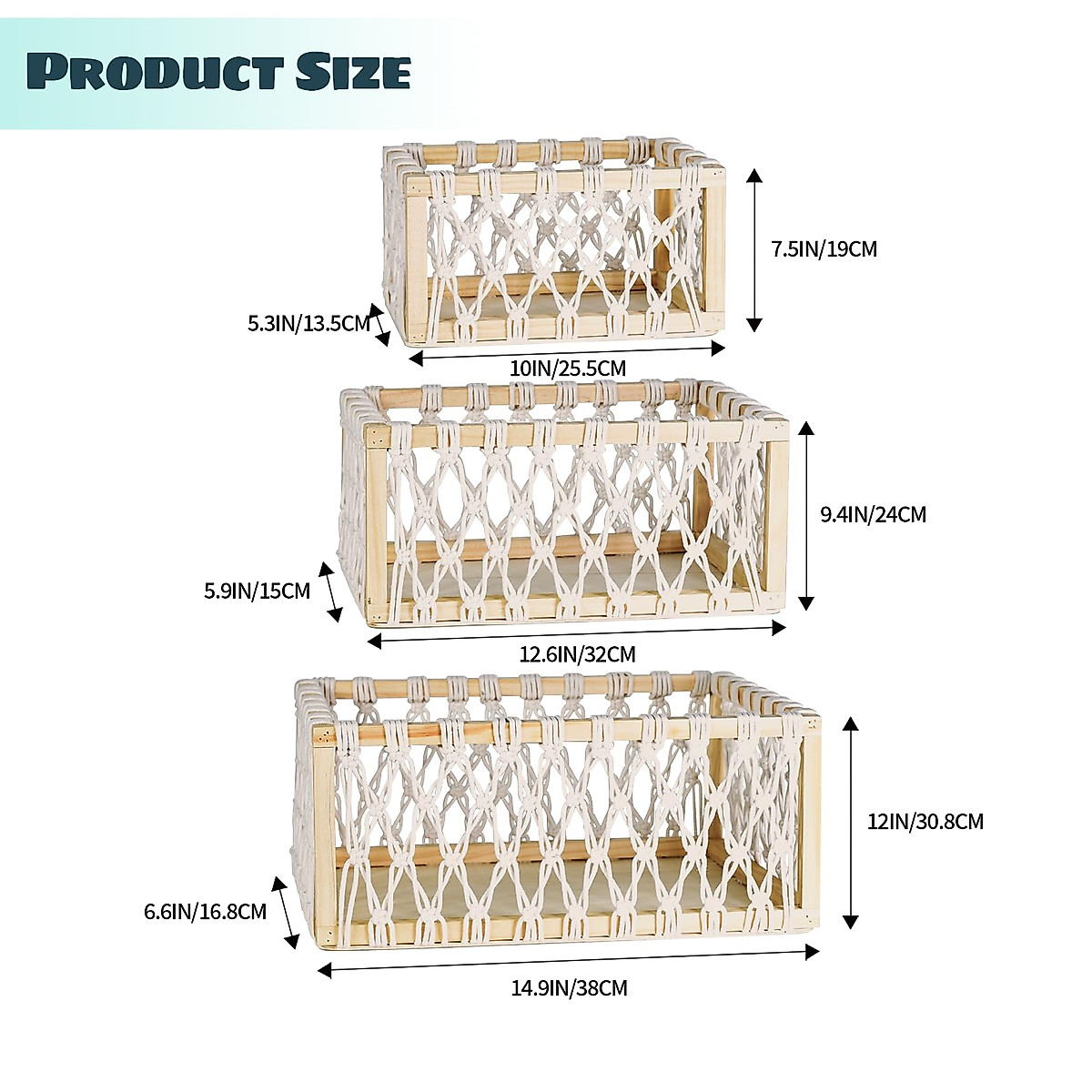 Wongblee Macrame Storage Baskets Set of 3, Decorative Wood Baskets, Nesting Organizer Boxes for Shelves, Boho Room Décor