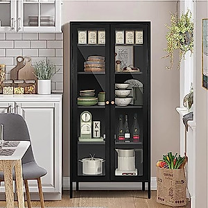 Greenvelly Metal Storage Cabinet, Black Display Curio Glass Storage Cabinet with Glass Doors and 4 Shelves, Tall Glass Bookcase Cabinet Modern Bookshelf Cabinet for Home Office, Living Room, Pantry